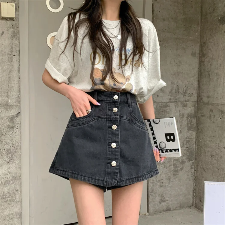블랙 데님 스커트 여성 여름 2022 새로운 작은 하이 웨이스트 A 라인 스커트 인기 있는 온라인 반바지 스커트