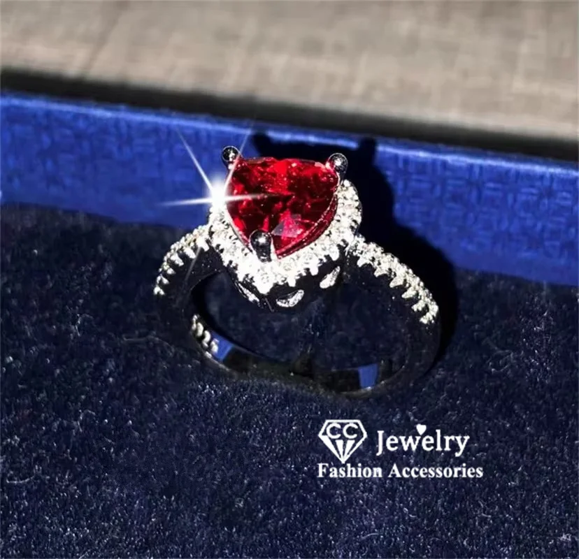 CC Rings For Women Bridal Engagement Red Heart Cubic Zirconia Trendy ...