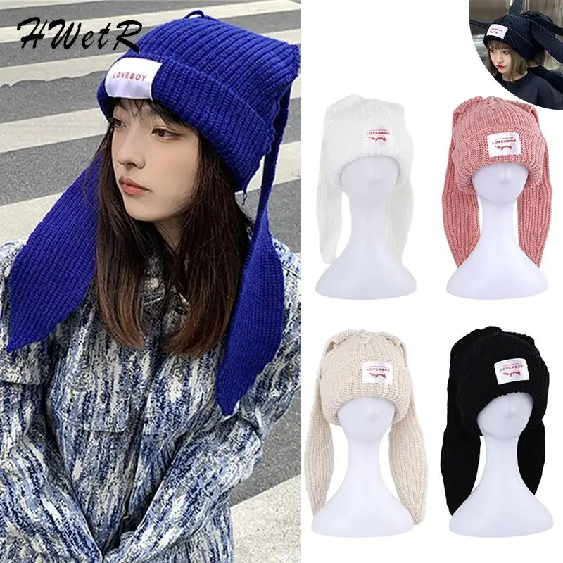 Winter-Cute-Rabbit-Long-Ear-Hat-Knitted-Hat-Warm-Cap-Knit-Letter-Cap ...