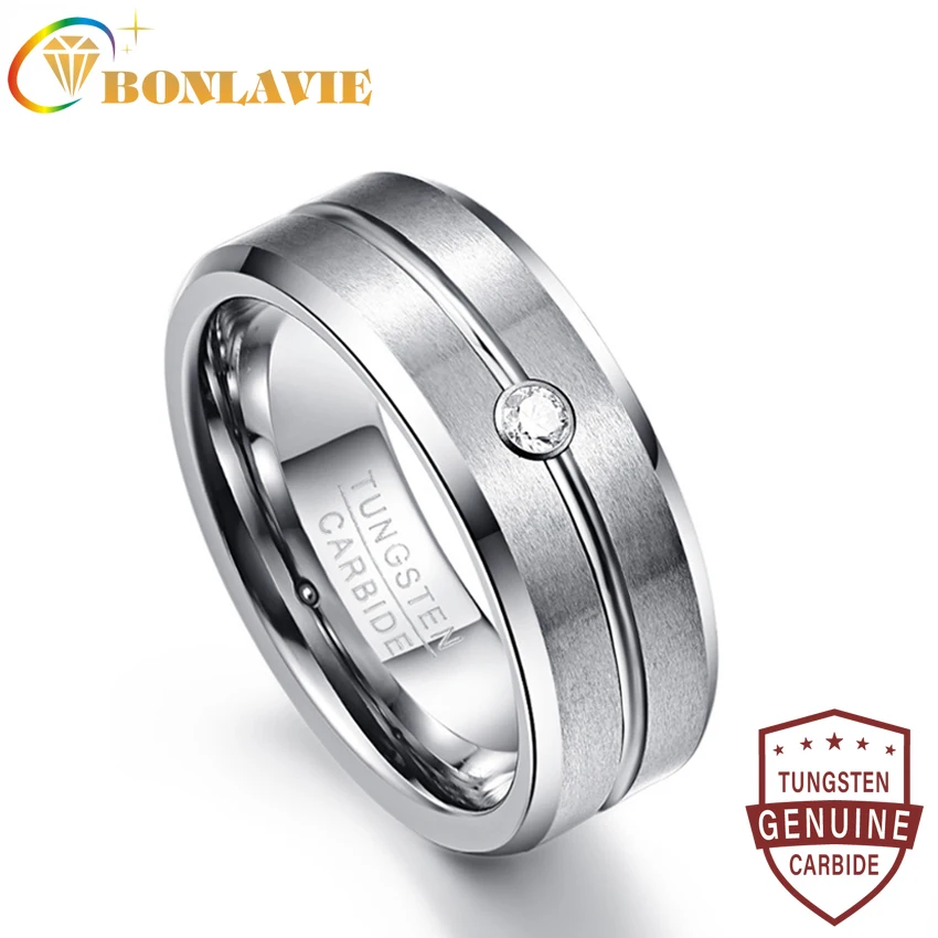 BONLAVIE Men's 8mm Tungsten Carbide Rings Cubic Zirconia Grooved ...