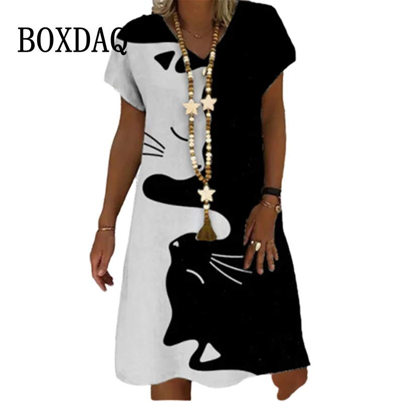New Women Sundress Creative Lovely Cat 3D Print Ladies Summer Loose ...