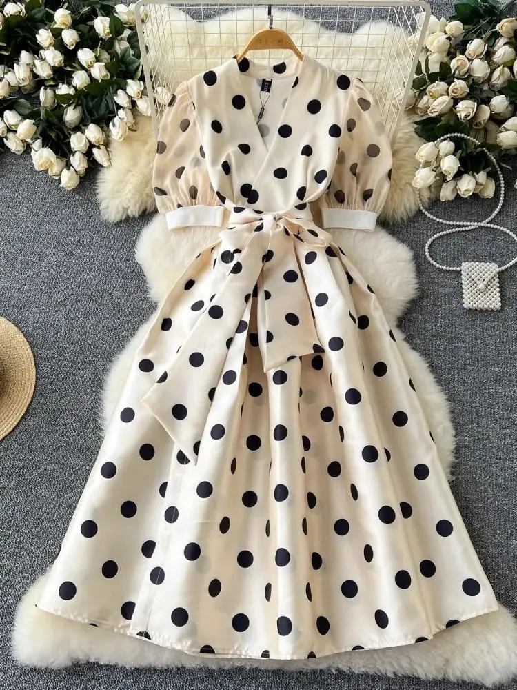 Summer-Elegant-Dot-Party-Midi-Dresses-French-Princess-Chic-Puff-Sleeve ...