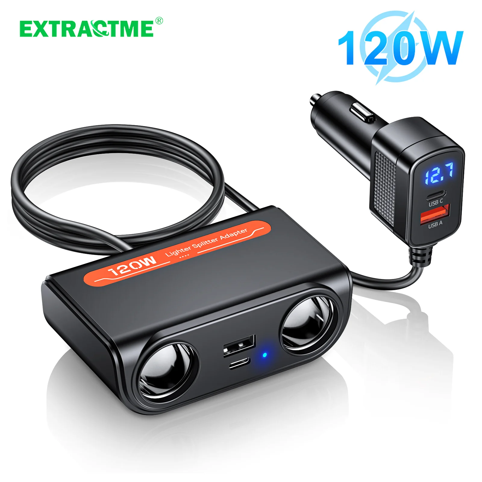 Extractme 3 in 1 Dual USB PD Socket 120W Car Cigarette Lighter Splitter ...