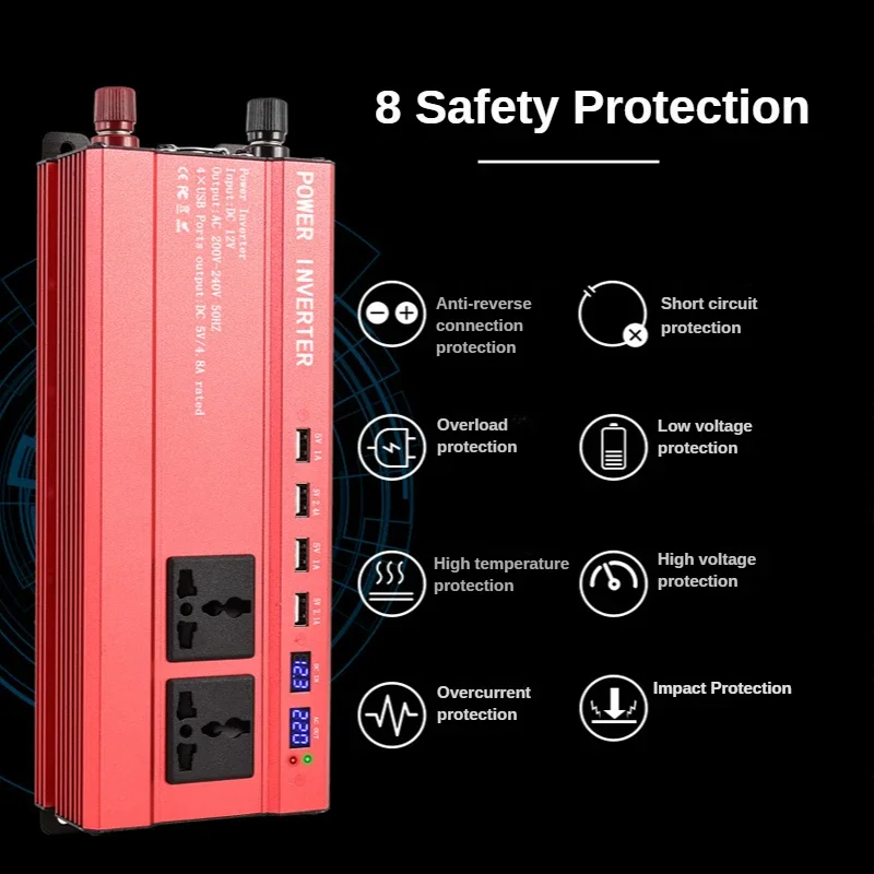 Inversor de pantalla EAFC 2000W 1200W 12V a 220V Transformador 3 enchufes 4 USB Convertidor de ...