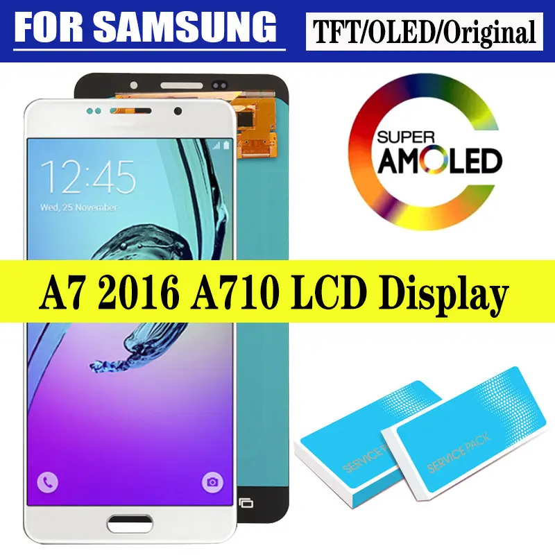 Tela lcd tft/oled, super amoled, para samsung galaxy a7, 2016, a710, a10, a710m, a710y, a7100 ...