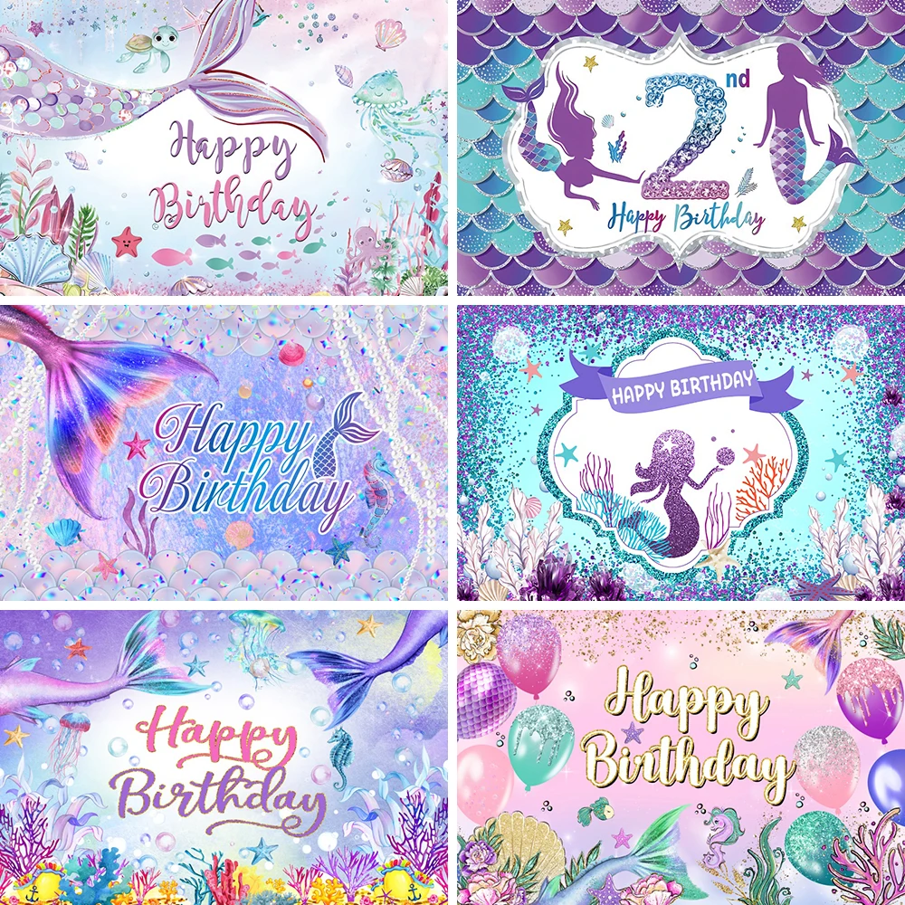 Mermaid-Princess-Girl-Birthday-Background-Ocean-Glitter-Scales-Seashell ...