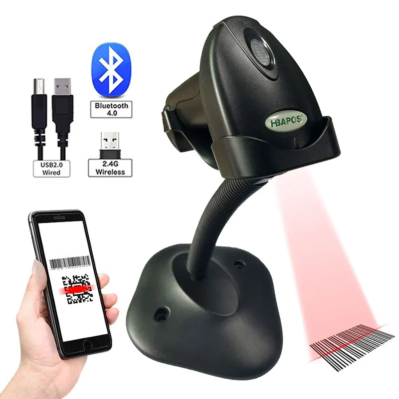 스캐너 바코드 무선 1D 2D QR 코드 스캐너, 블루투스, 핸드헬드 리더, 조절 가능한 스탠드 포함, POS 시스템, 슈퍼마켓 ...