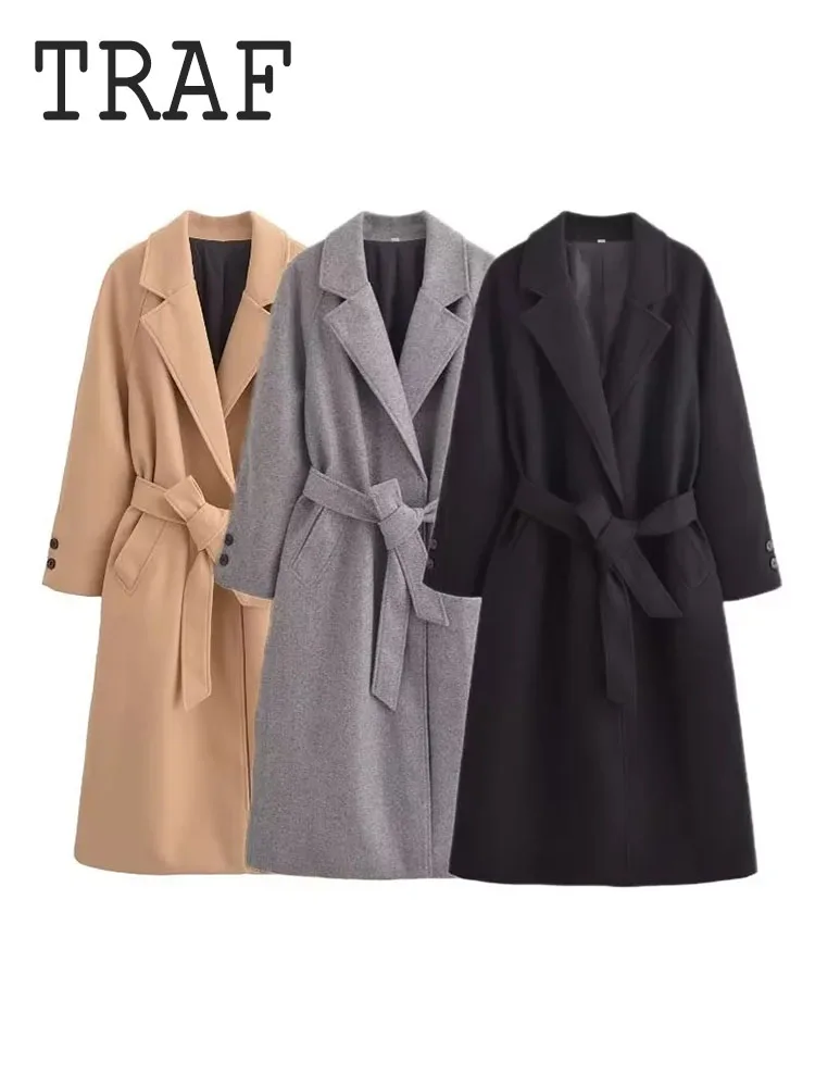 TRAF-Three-Colors-Women-Coat-Temperament-With-Belt-Long-Woolen-Coat-For ...