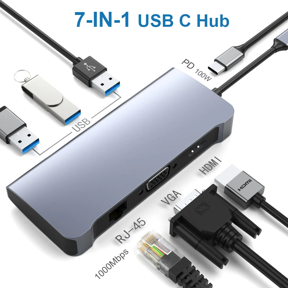 USB C Hub Type C To HDMI 4K Adapter with RJ45 Lan Gigabit Ethernet VGA ...