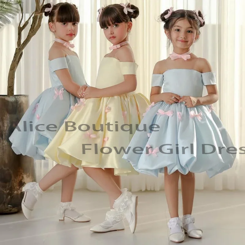 Cute Bow Flower Girl Dress Off Shoulder A-Line Knee Length Pleated ...