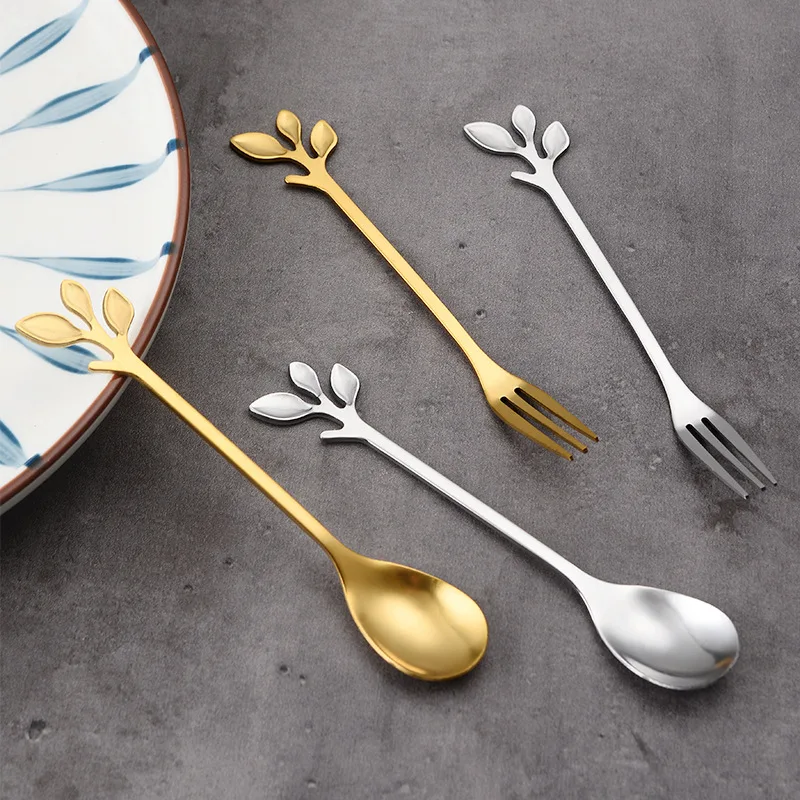 6Pcs-Stainless-Steel-Coffee-Spoons-Golden-Branch-Leaves-Spoon-Fruit ...