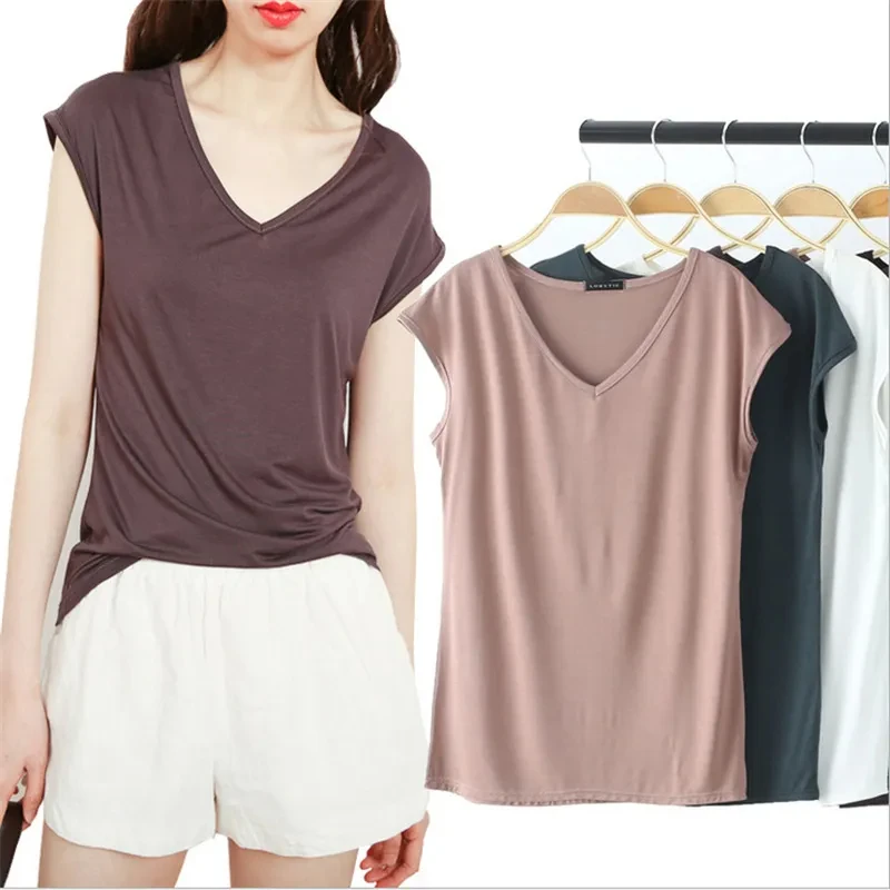 V-Neck-Base-Tshirt-sleeveless-Women-summer-Modal-T-shirts-Solid-color ...