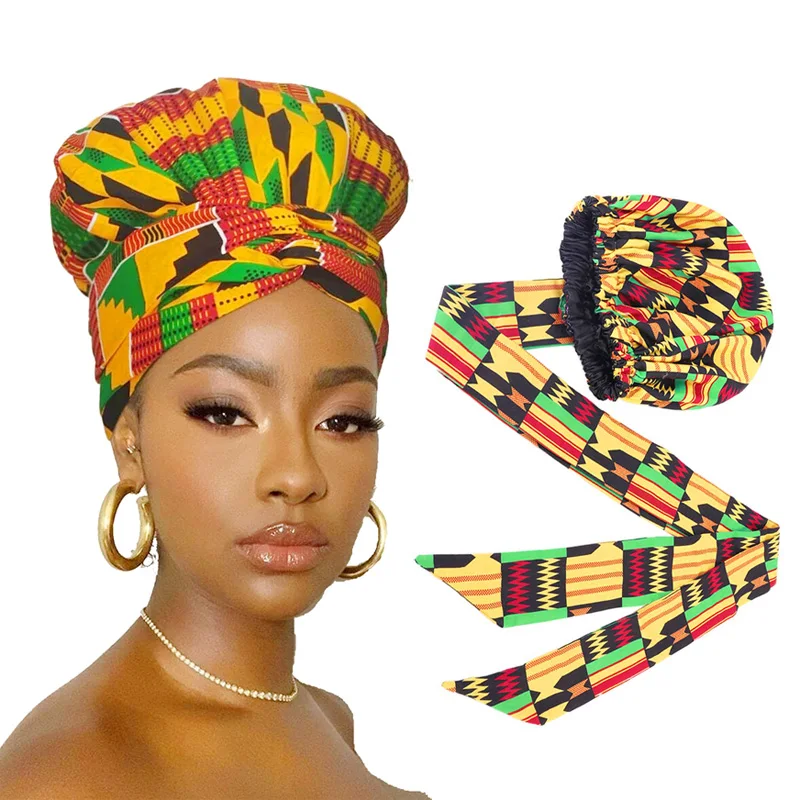 Bonnet-en-Satin-Imprim-Africain-pour-Femme-Long-Ruban-Rond-Double ...
