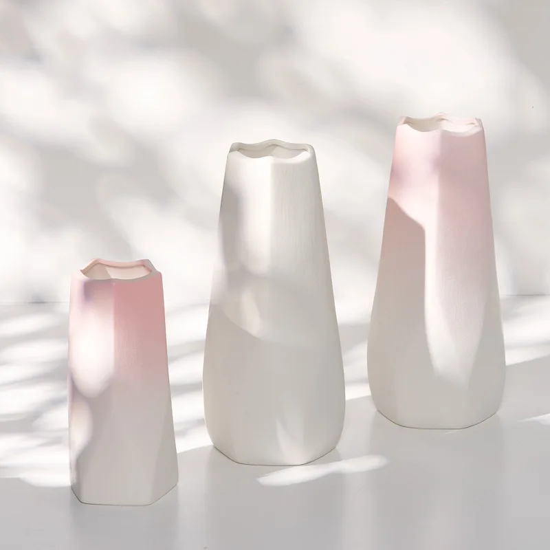 Nordic-Ceramic-Vase-Pink-Gradient-Design-White-Geometric-Simple-Narrow ...