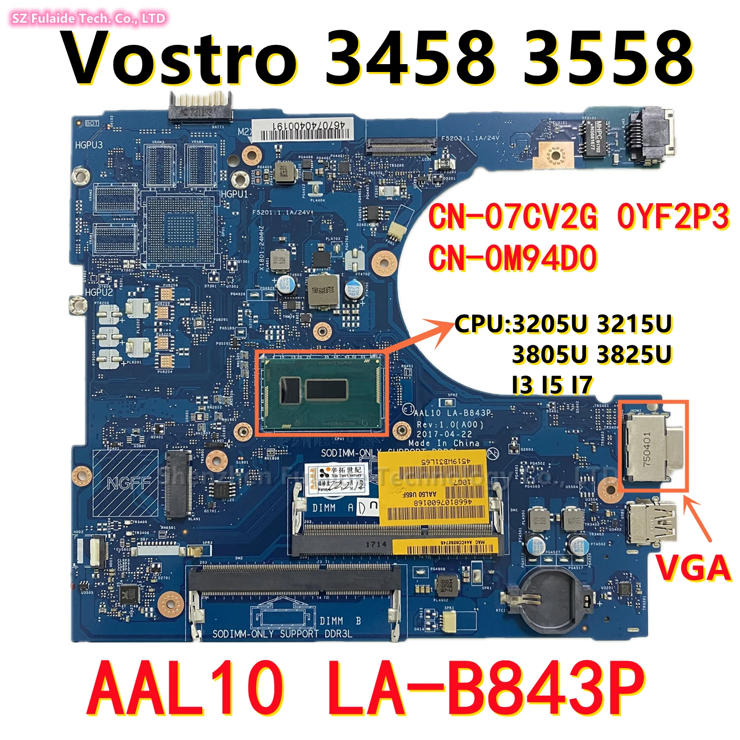 AAL10 LA B843P For dell Vostro 3458 3558 Laptop Motherboard 3205U 3215U ...
