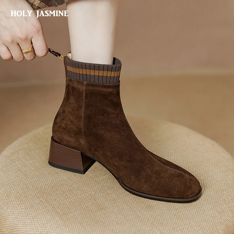 Botas-de-ante-con-punta-cuadrada-y-tac-n-grueso-para-mujer-botines ...