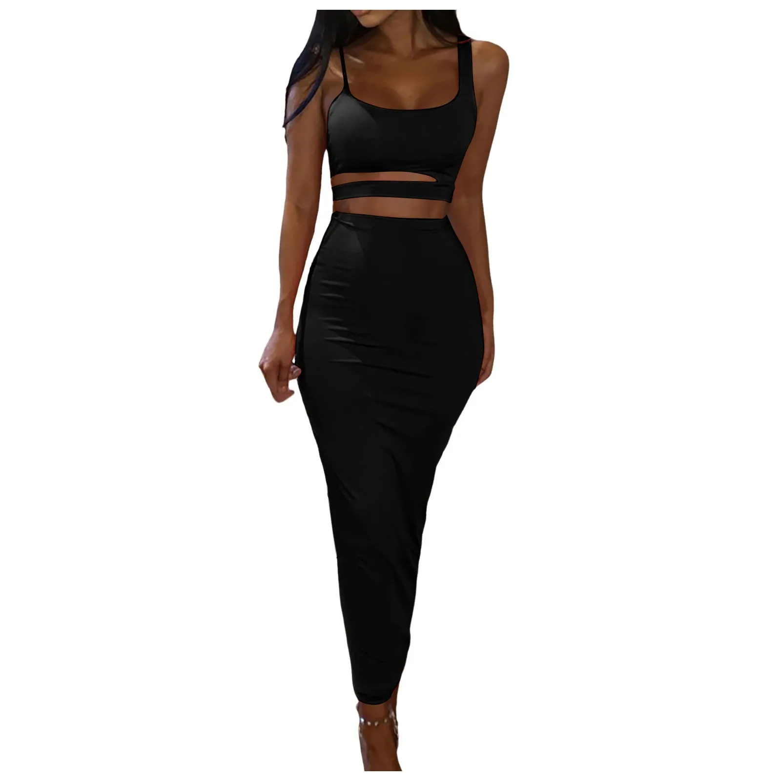 Femmes moulante jupe costume 2 pièces creux Sexy hauts et jupe longue ...