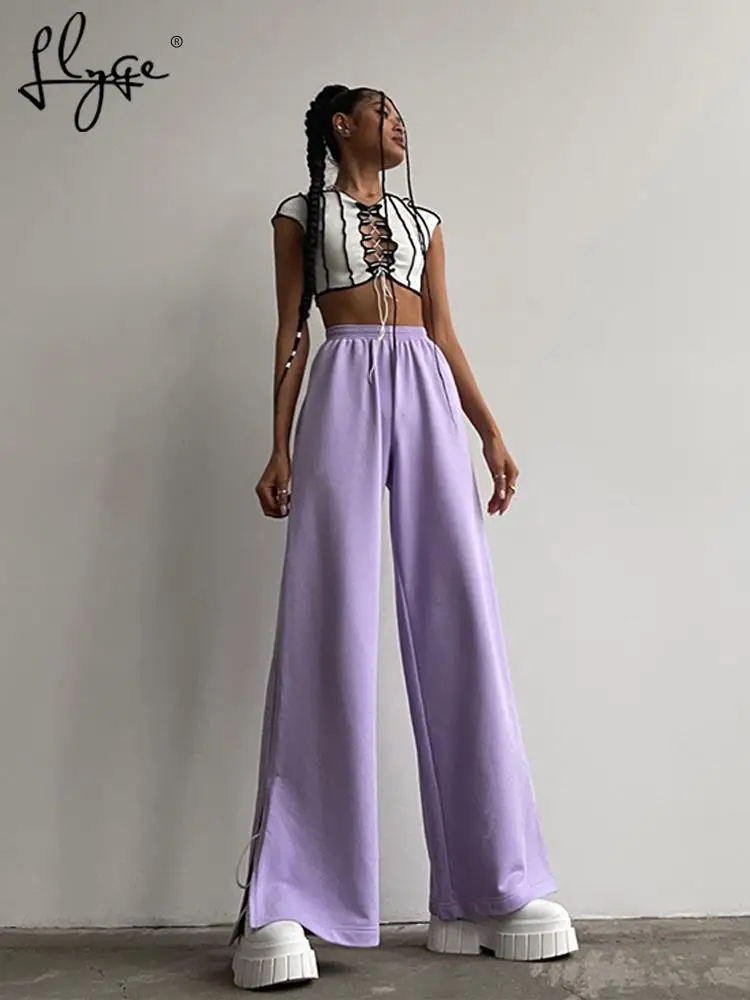 Purple-Wide-Leg-Pants-For-Women-Elastic-High-Waist-Loose-Straight ...