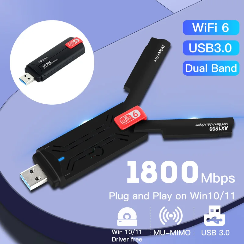 Free Driver USB Wifi 6 Adapter 1800Mbps Dual Band 2.4G 5GHz USB Wi-Fi ...