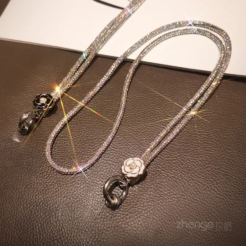 Mobile Phone Lanyard Long Chain Flash Diamond Neck Strap Pearl Camellia ...