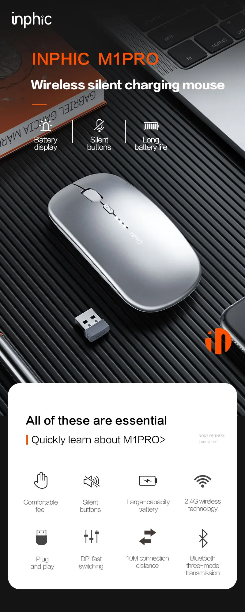 Choice M1-2-3mode -White INPHIC M1PRO Wireless Mouse, Rechargeable Silent Mouse, Bluetooth Three ...