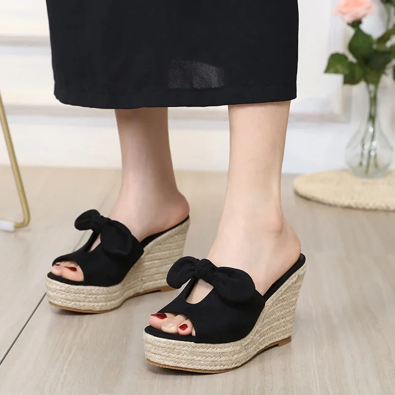 Sweet-Bow-knotted-Solid-Color-Woven-Rope-Espadrille-Slippers-For-Women ...