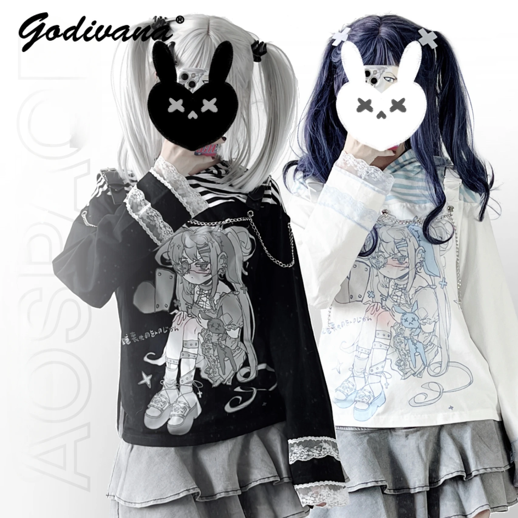 Original-Design-Rabbit-Ear-Striped-Sub-Culture-Cartoon-Printed-Long ...