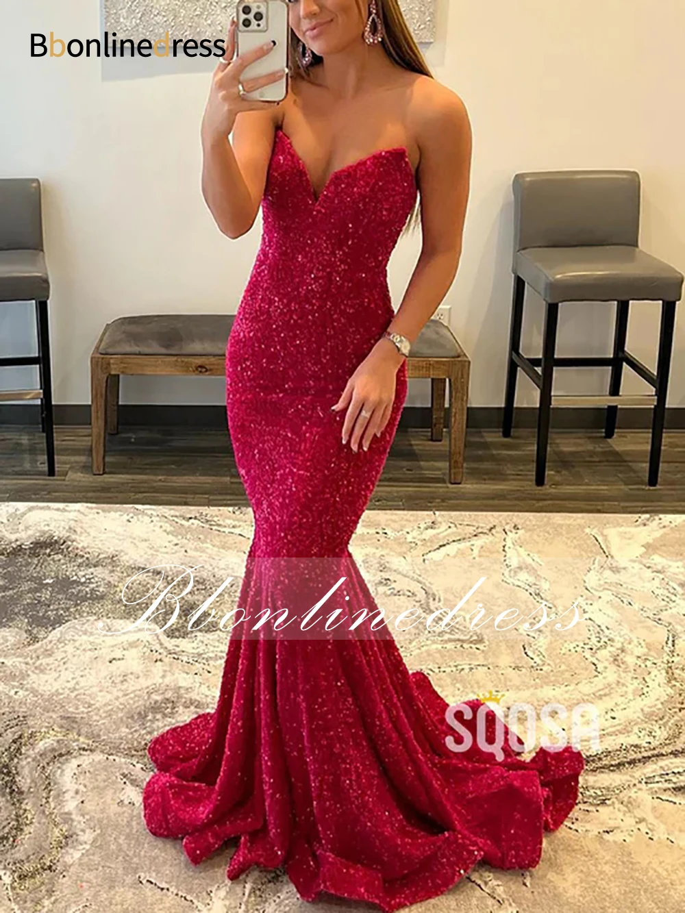 Bbonlinedress Sequin Mermaid Prom Dress 2023 Strapless V Neck Long Formal Occasion Dresses Sexy ...