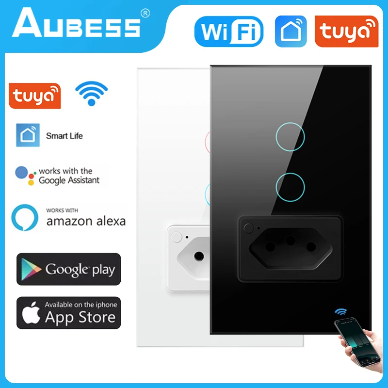Tuya Brazil WiFi Switch With Smart Socket Glass Panel 1/2 Button Smart ...