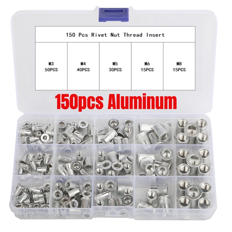 ECROU,150pcs Aluminum--Rivets filetés en aluminium-acier, pistolet de ...