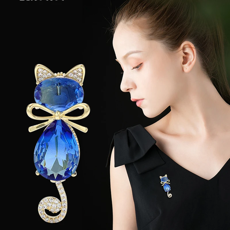 Blue Crystal Cat Brooch Korean Cute Kitten Brooch Women's Elegant ...