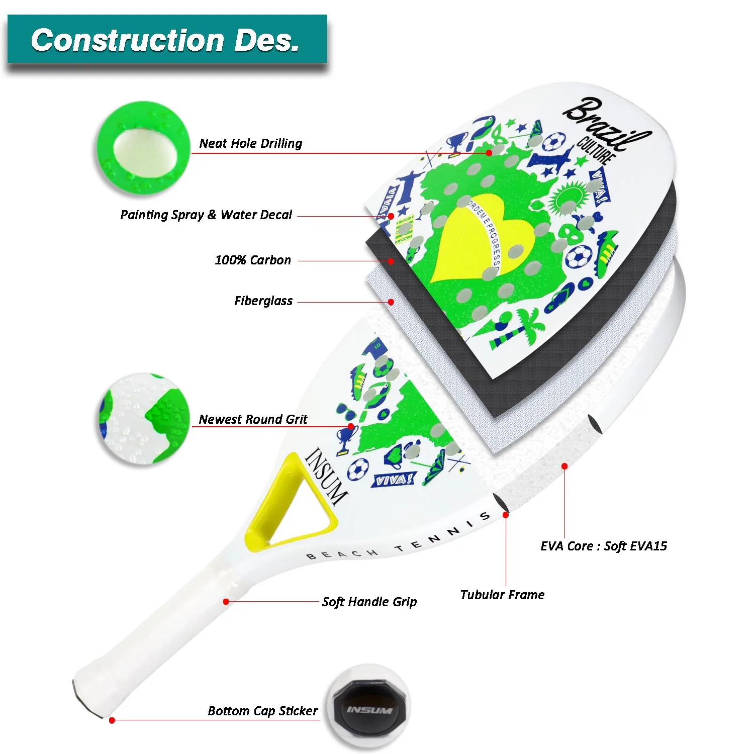 Brazil Beach Tennis Racquet Racket Beach Tennis Full Carbon Fiber EVA ...