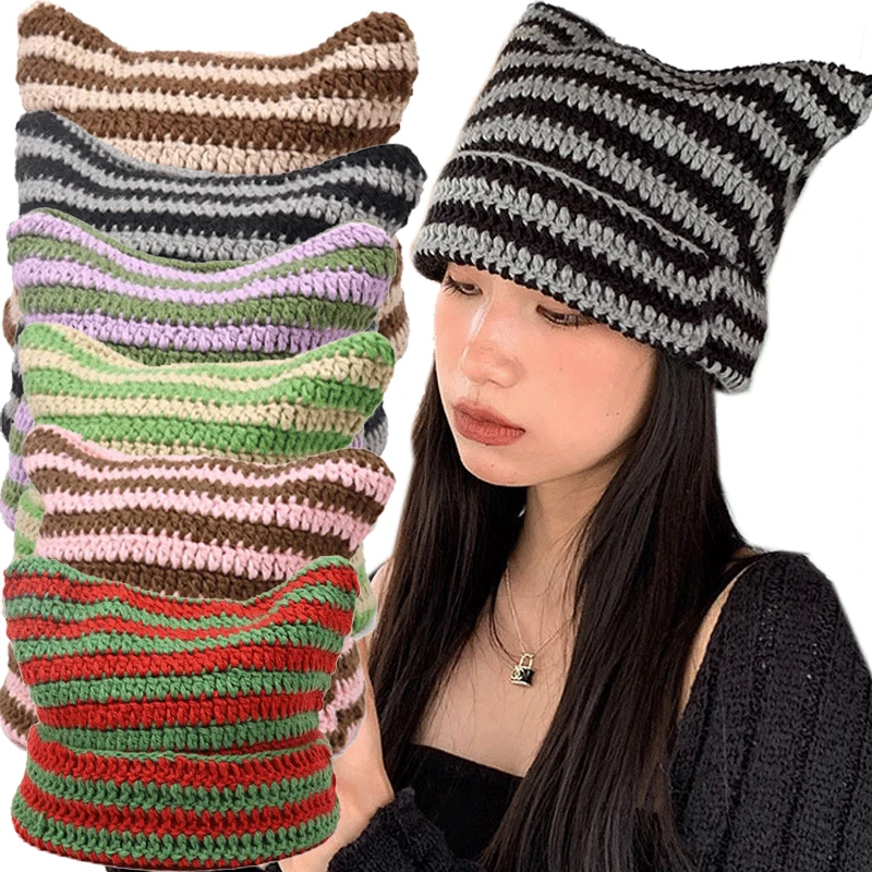 Japanese-Little-Devil-Striped-Beanies-Women-Ins-Cute-Cat-Ears-Knitted ...
