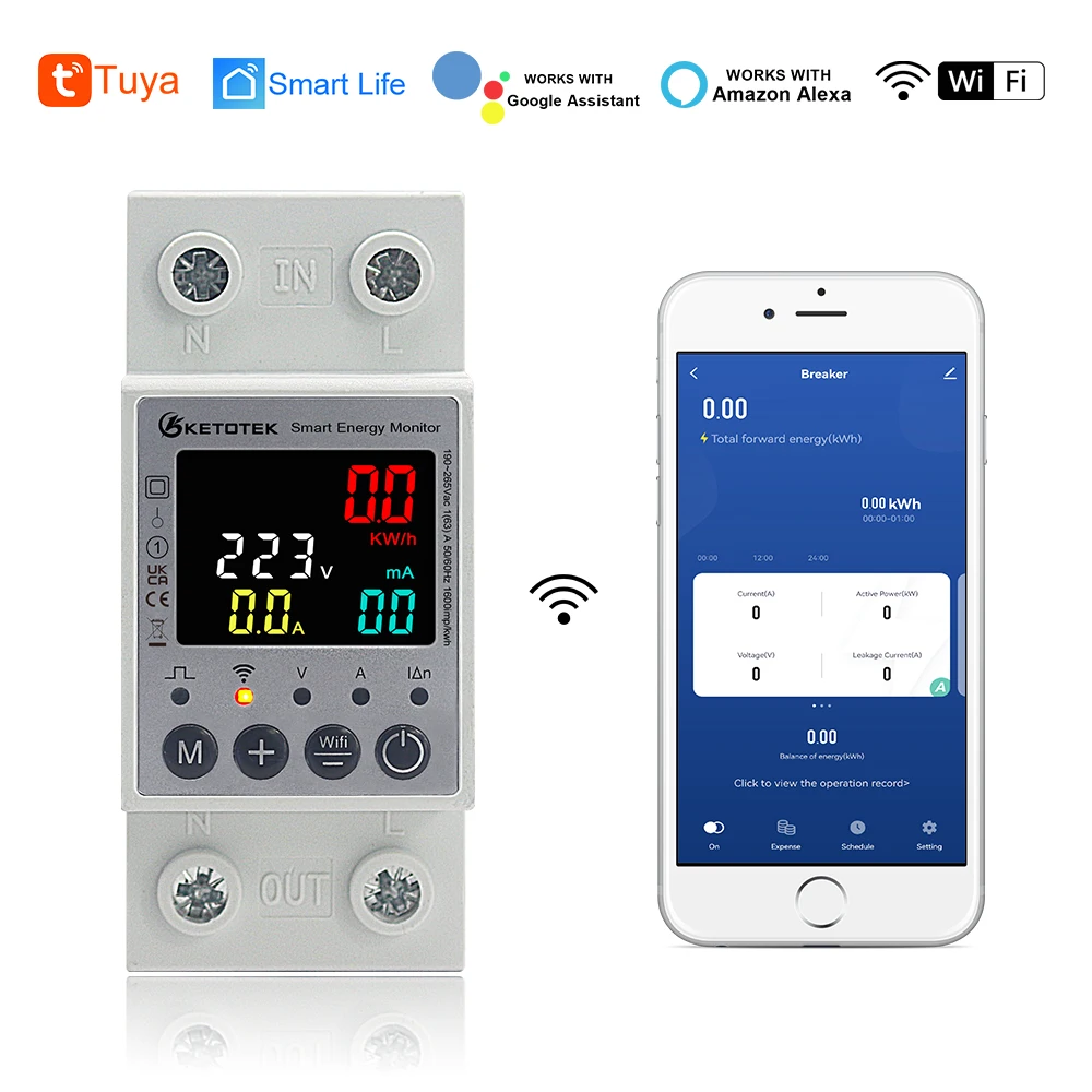 63A Tuya WiFi Smart Leakage Over Under Voltage Protector Energy Power ...