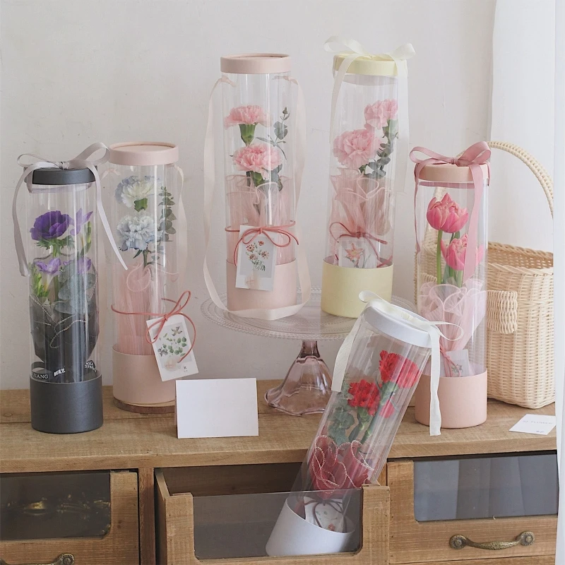 Flower-Wrapping-Gift-Box-PVC-Transparent-Cylinder-Single-Rose-Bouquet ...