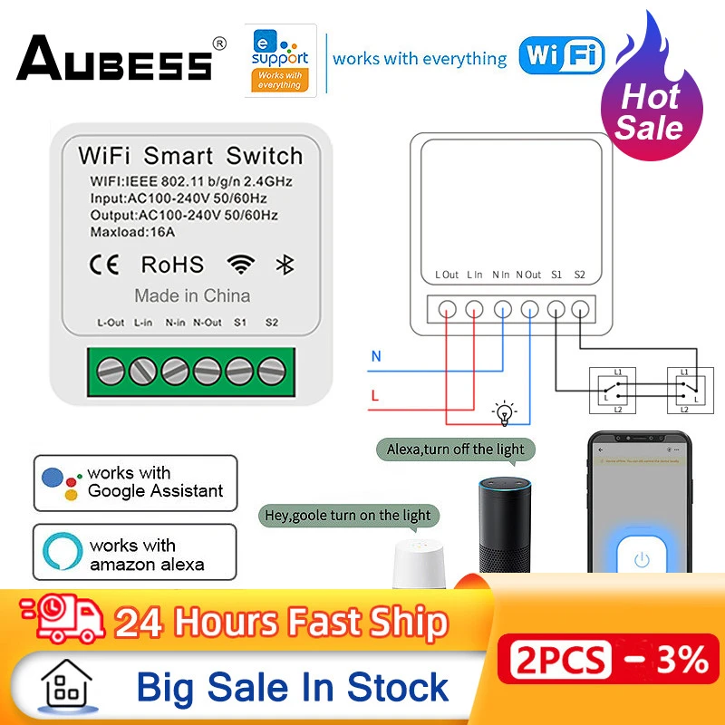 Aubess 16a Wifi Smart Switch Support 2-way Control Ewelink Wireless ...