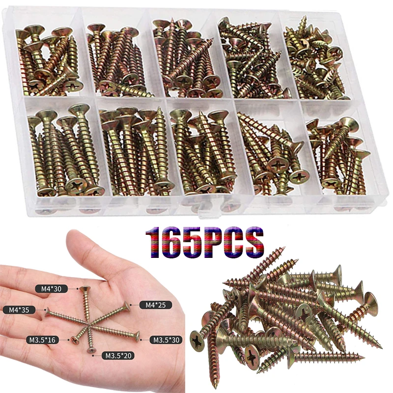 165pcs-M3-5-M4-Self-Tapping-Screw-Cross-Countersunk-Head-Wood-Screw-Set ...