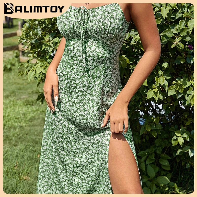New-Summer-Beach-Party-Sundress-Vintage-Floral-Green-Dress-Women ...