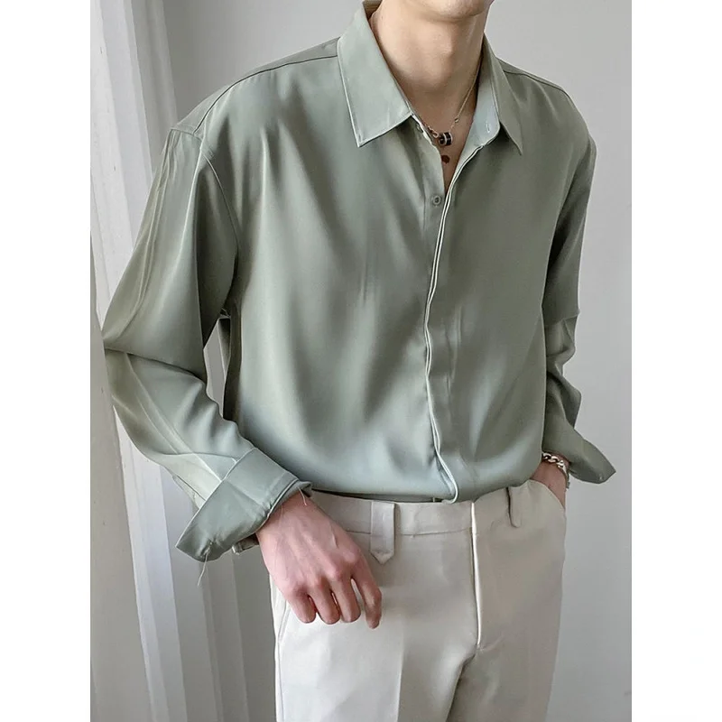 Korean-Clothes-Loose-Solid-Color-Long-Sleeve-Button-Up-Shirts-for-Men ...