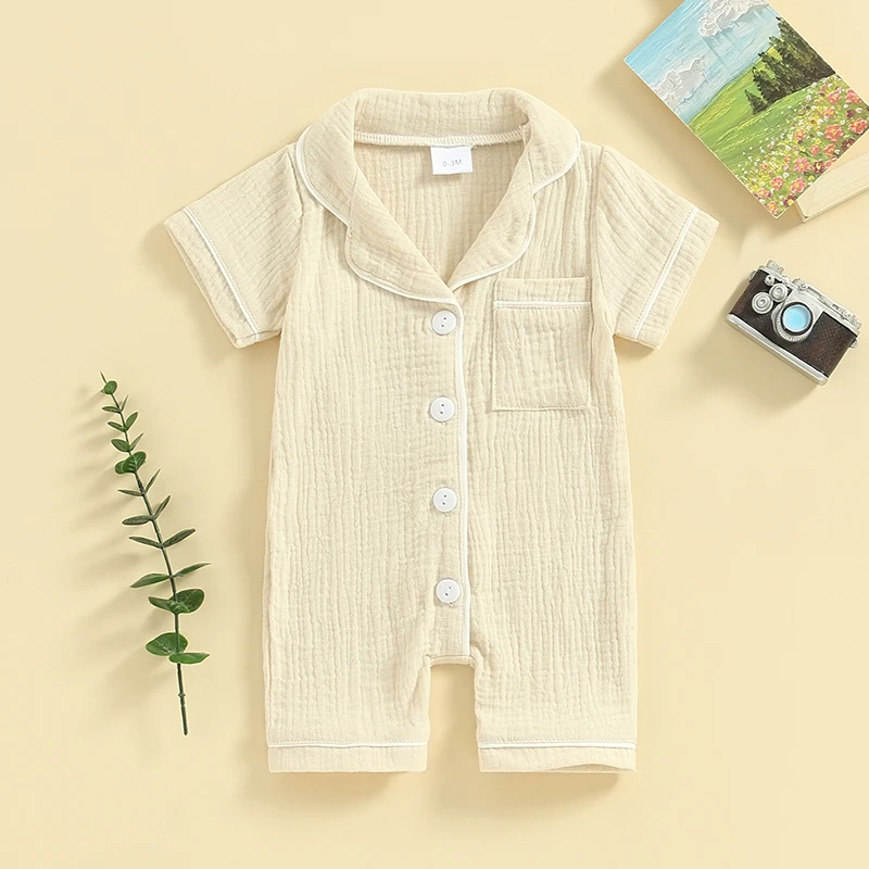 Baby Boys Girls Pajama Solid Color Short Sleeve Lapel Collar Button Up ...