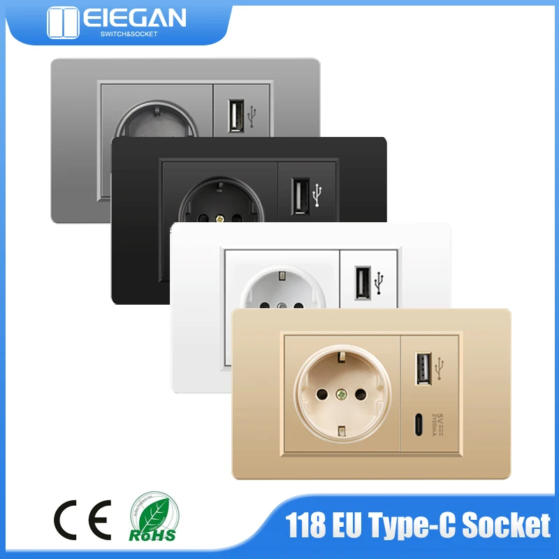 Eu Standard 250v Pc Panel Electric Wall Socket With Usb Type-c 2.1a 5v ...