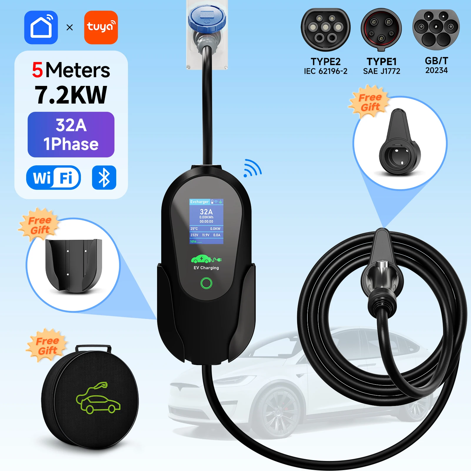7.2KW 32A 1Phase Portable EV Charger Type2/Type1/GBT Electric Car ...