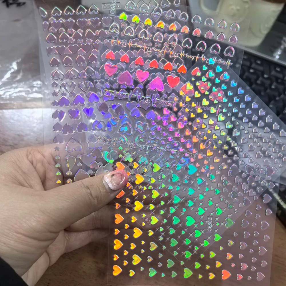 4/6Sheet/Kit Holographic Rainbow Love Heart Nail Sticker 3D Laser Heart ...