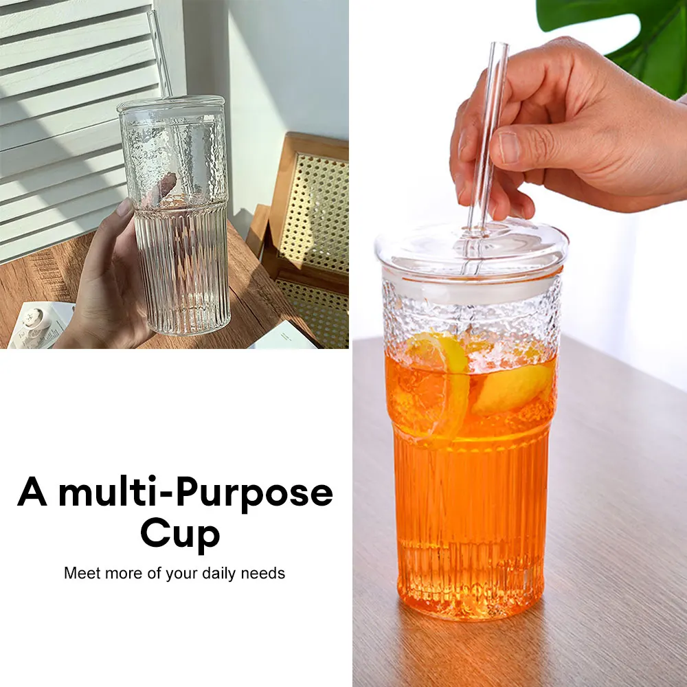 600ml-Simple-Stripe-Glass-Cup-With-Lid-and-Straw-Transparent-Bubble-Tea ...