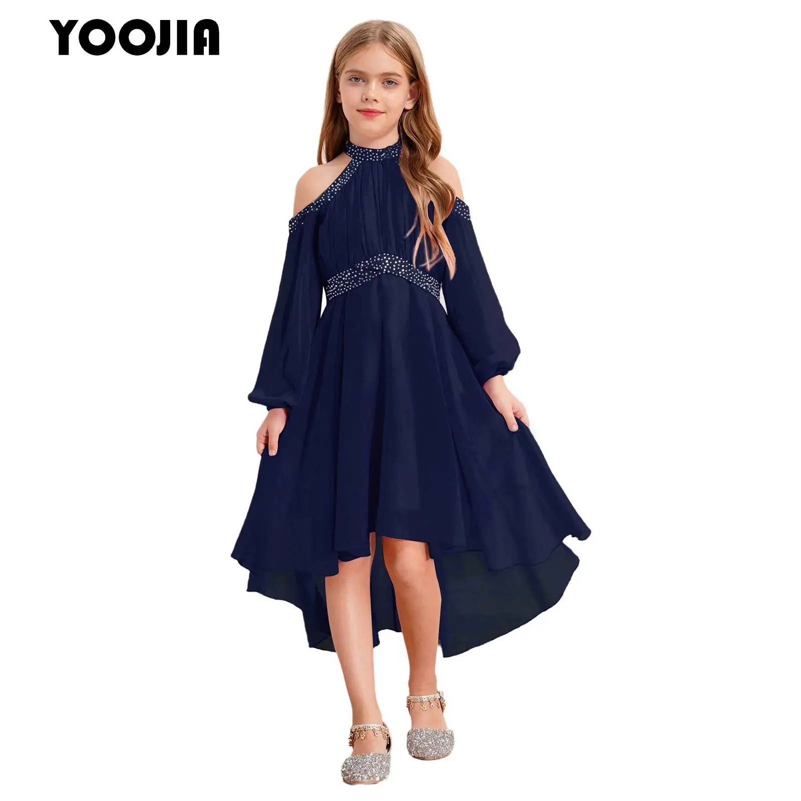 Girls Chiffon Party Dress Junior Cold Shoulder Princess Bridesmaids ...