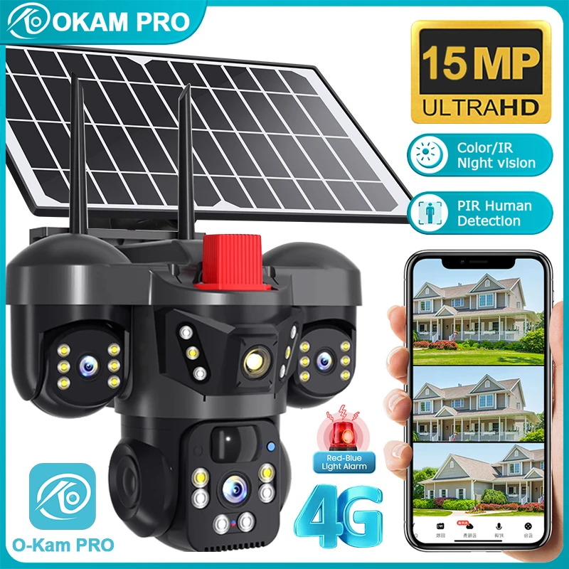 OKAM PRO 4G SIM كاميرا تعمل بالطاقة الشمسية HD 15MP عدسة ثلاثية كاميرا ...