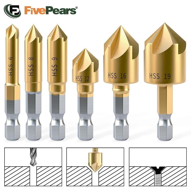 FivePears escareador madeira 6Pcs，Chanfro 90°, aço de alta velocidade ...