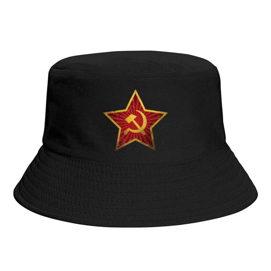 러시아 소련 Cccp 소련 레드 스타 휘장 디스트레스 버킷 모자 폴리에스테르 남성 여성 어부 모자 맞춤형 귀여운 하이킹 모자