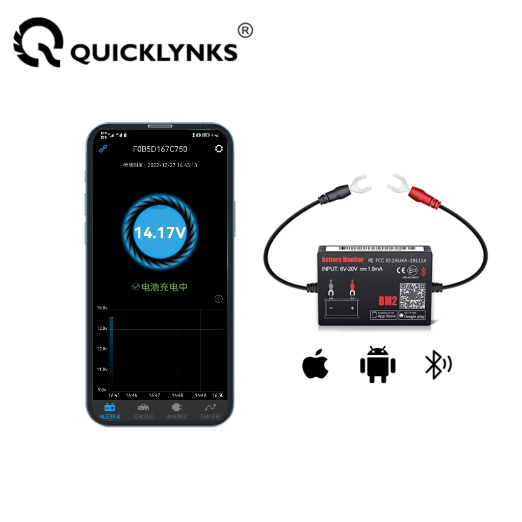 QUICKLYNKS BM2 12V Battery Monitor Car Battery Charging Cranking Test ...