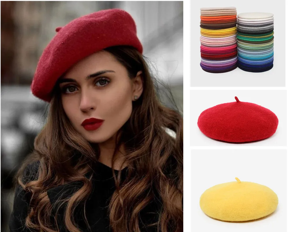 Red-wool-beret-French-artist-style-warm-winter-beanie-retro-solid-color ...